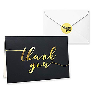100 Thank You Cards in Black with Envelopes and Stickers - Quality Elegant Bulk Notes Embossed with Gold Foil Letters for Weddings, Graduations, Engagements, Business, Formal, Funeral, 4x6