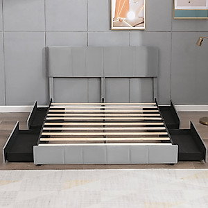 ZAFLY Platform California King Size Bed Frame with Adjustable Headboard,Upholstered Cal King Bed Frame with 4 Storage Drawers,Wooden Slats Support,No Box Spring Needed,Easy Assembly (Light Grey)