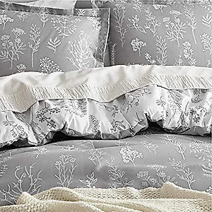 Bedsure Queen Comforter Set - Grey Comforter, Cute Floral Bedding Comforter Sets, 3 Pieces, 1 Soft Reversible Botanical Flowers Comforter and 2 Pillow Shams