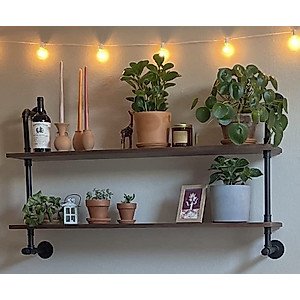 Industrial Pipe Wall Shelves Pipe Shelving with Real Wood Plank ,36 Inches Floating Shelves for Wall Farmhouse Pipe Book Shelves Dark Brown 2 Tier for Kitchen,Living Room Decor and Bar Shelving