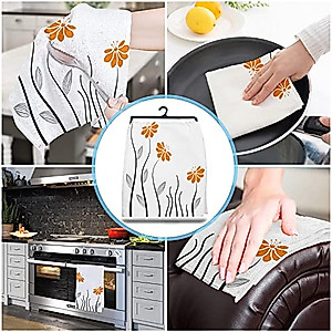 Kitchen Towels Dish Towel Set of 1,Orange Flowers Abstract Lines Absorbent Hand Towels Cleaning Dishcloth Tea Towels,Modern Minimalist Plant White Back Reusable Drying Dish Cloths