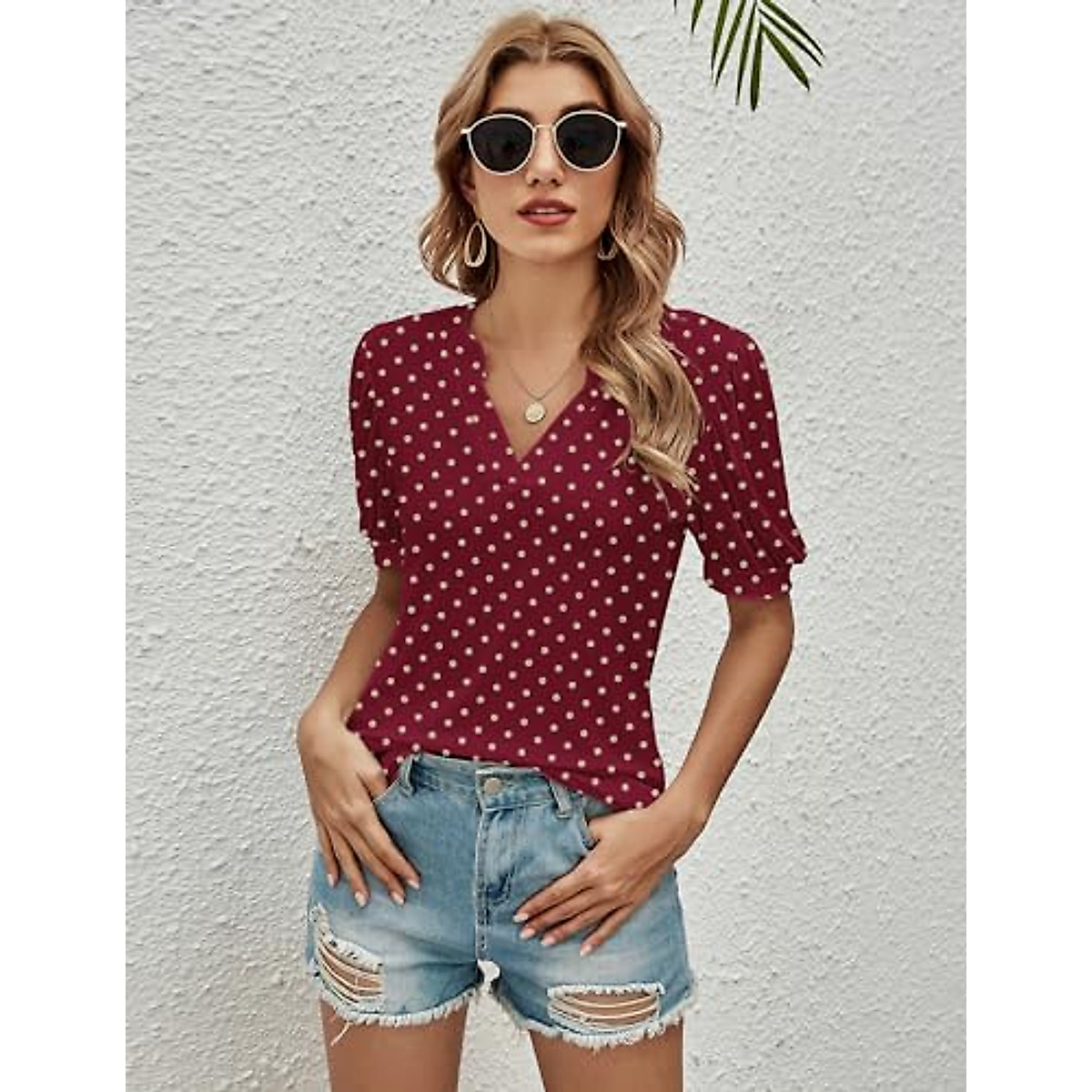 Romanstii Women Tees and Tops Short Sleeve Ruffle V Neck Tunic for Casual Wear,Wine Polka Dot,L