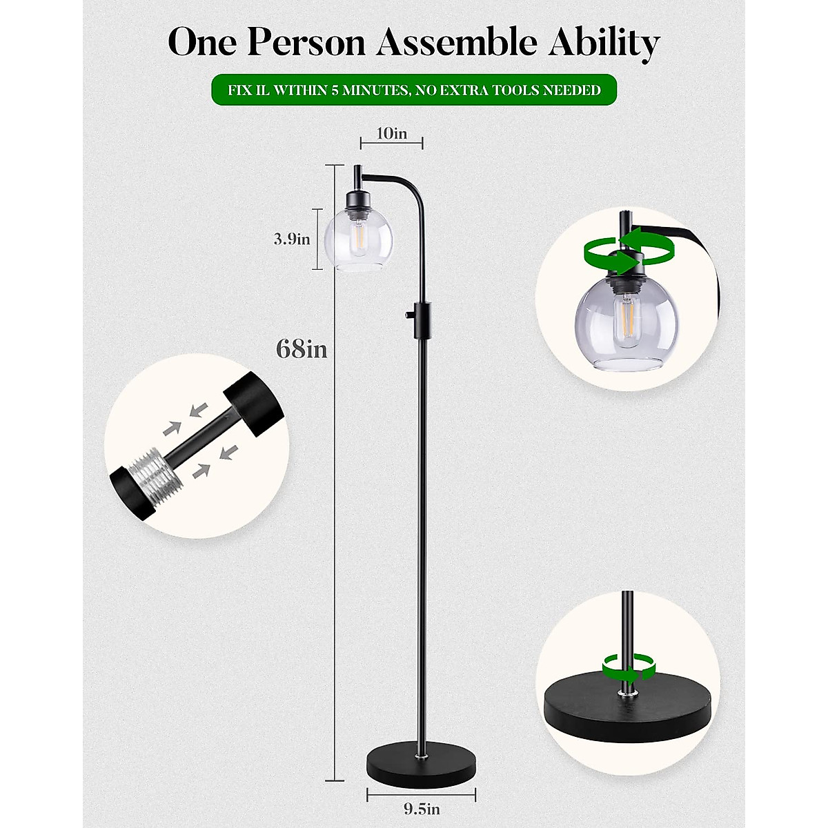 bulbeats 68IN Industrial Floor Lamp, Dimmable (Brightness Adjustable) Standing Tall Lamps for Living Room, Modern Floor Lamp with Grey Glass Shade, Bulb Included, Farmhouse Mid Century Decor