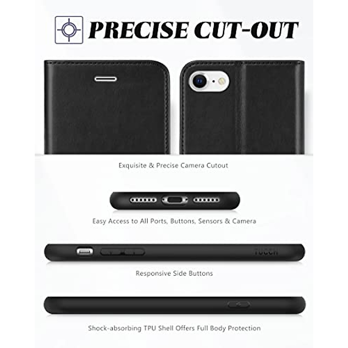 TUCCH Case for iPhone SE 2022 5G, iPhone 7/8/SE 2020 Wallet Case PU Leather Flip Folio Case Wallet with Card Slot, Stand Magnetic TPU Shockproof Inner Case Compatible with iPhone 7/8/SE2/SE3, Black