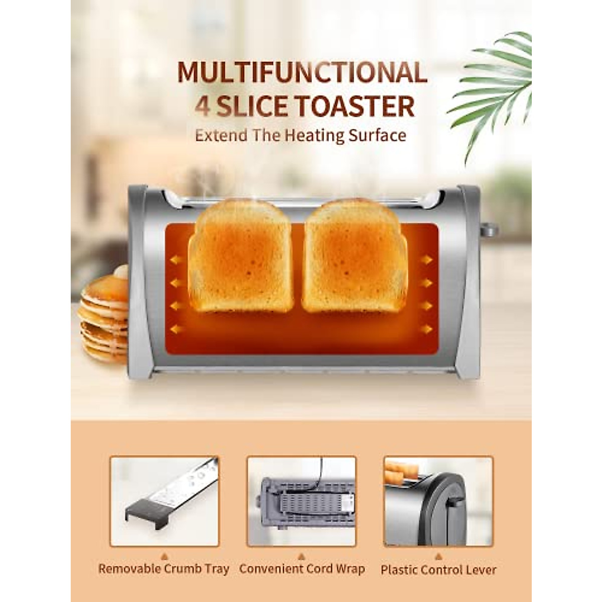 Long Slot Toaster 4 Slice, Stainless Steel Retro Toasters Best Rated Prime with 1.25" Extra Wide Slot and Defrost/Reheat/Cancel Function/6 Browning Settings/Removable Crumb Tray/Evenly Toasting, 1300W