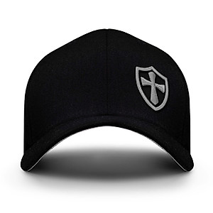 Dion Wear Crusader Cross Cap - Flex Fit Baseball Hats for Men (L/XL Grey on Black)