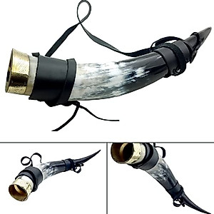 Genuine Handcrafted 18oz, Natural Viking Drinking Horn with Leather Shoulder Strap for Beer Wine Ale and Mead Champagne (Leather starp)