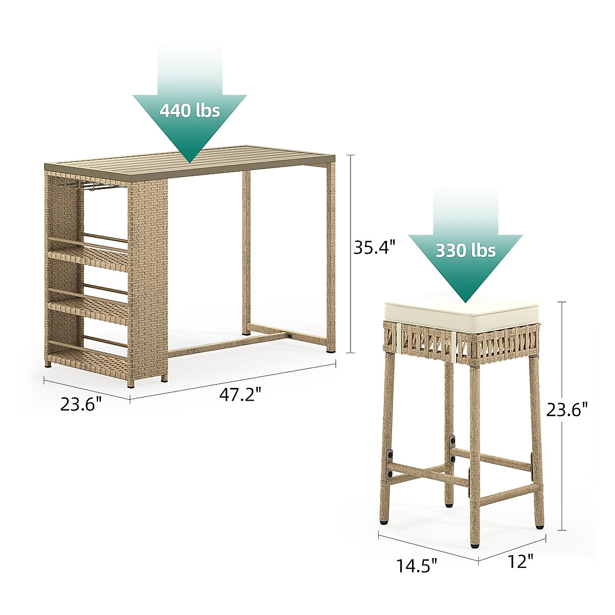 YITAHOME 5 Piece Patio Bar Set, Outdoor High Top Table and Chairs with Wine Glass Holder and Soft Cushions, Outdoor Wicker Furniture for Backyard, Garden Yard, Balcony, Beige Rattan