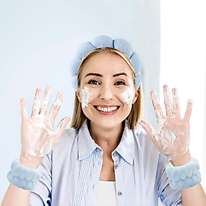 YANGYICHEN Spa Headband Makeup Headband for Washing Face 7pack, Face Wash Headband and Wristband Set - Puffy Terry Cloth Skincare Headband for Women and Girls, Blue