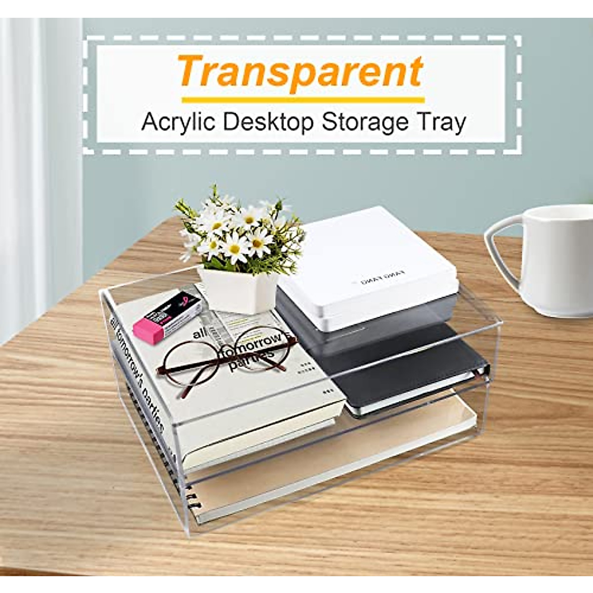 Paper Tray Organizer for Desk, Letter Trays Holder Acrylic Tray with Drawers Stackable Office Desk Organizers and Accessories File Paper Tray for Workspace Organization, 2-Tier Clear