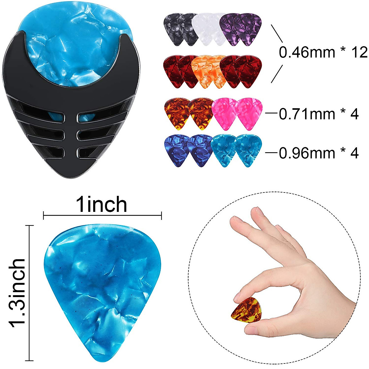 Guitar Picks & Guitar Picks Holder, 2 Black Stick-on Holders, 20 Pieces Guitar Picks, 1 Storage Case, Easy to Paste Suitable for Guitar/Electric Guitar/Bass/Ukulele (Colorful Celluloid Guitar Picks)