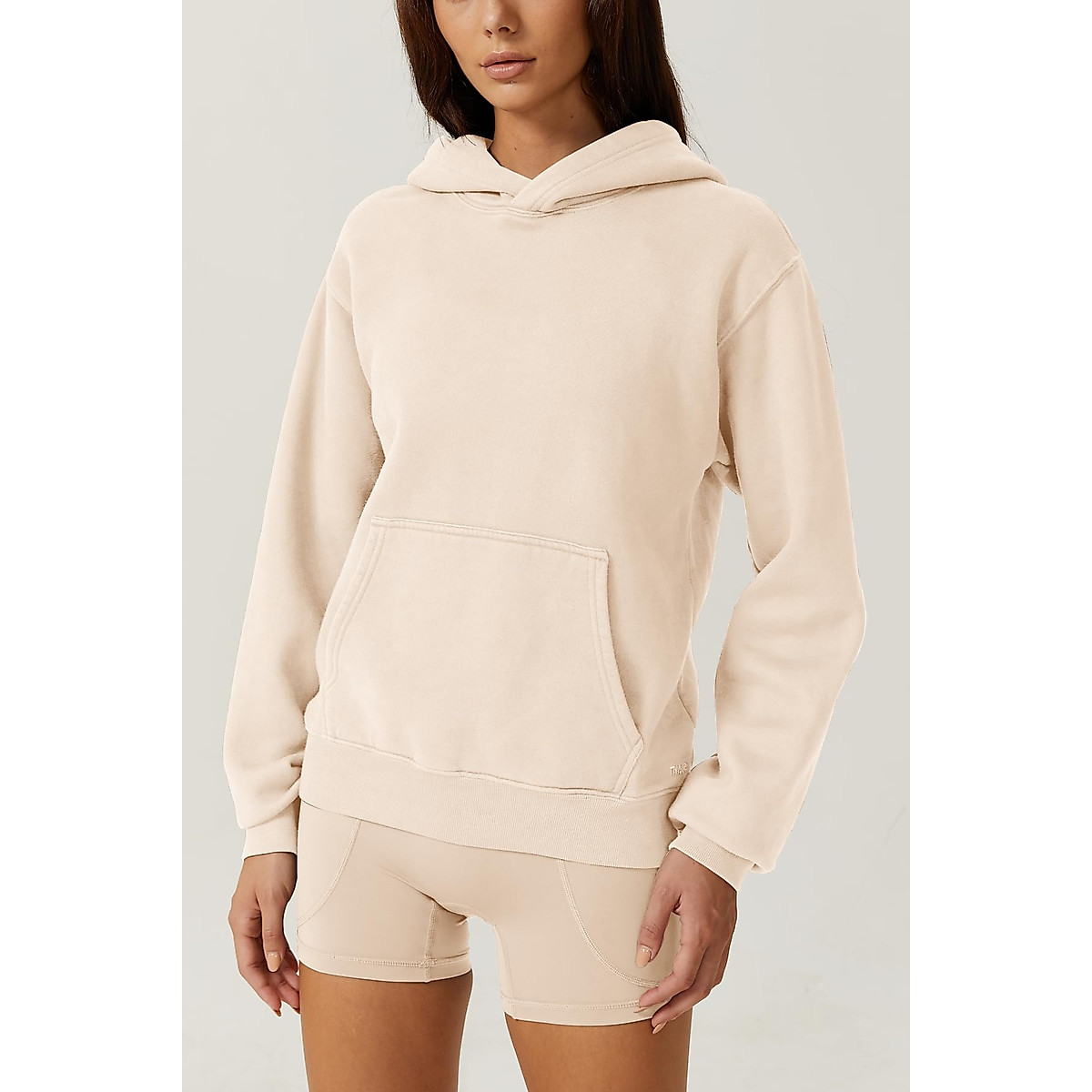QINSEN Pullover Hoodie with Kanga Pocket for Women Long SLeeve Fleece Cozy Sweatershirts Beige S