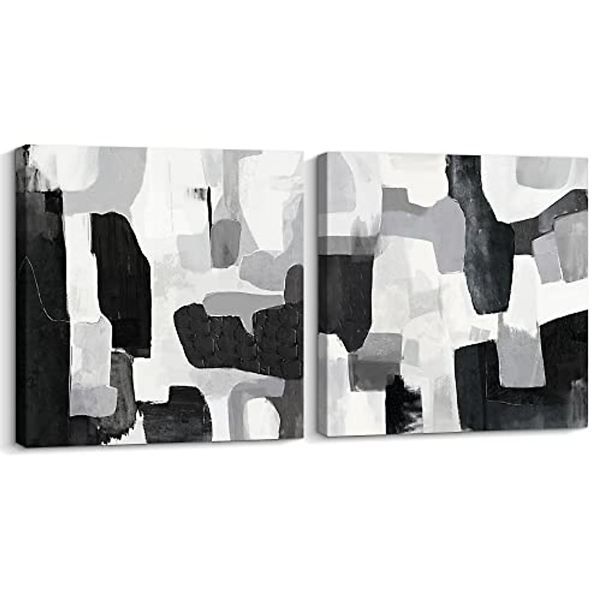 Pigort Black and White Abstract Hand-Painted Wall Art Decor - 2 Piece Set, Grey Decorative Framed Black & White Abstract Canvas Art for Living Room, Bedroom, Office Home Decor & Gift 24x24Inch