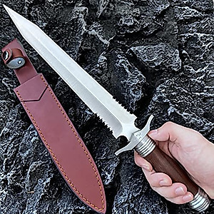 MADSABRE Fixed Blade Hunting Knife Saber with Leather Sheath, 15 Inches Outdoor Survival Tactical Knives, Double Edged Serrated Dagger Wood Handle