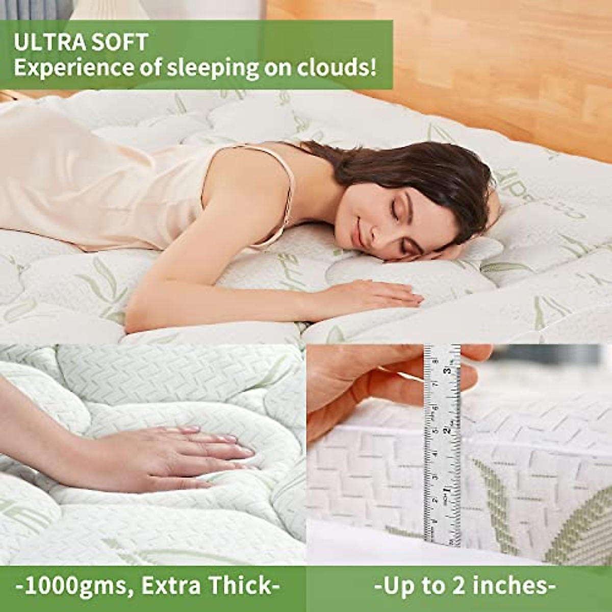 Bamboo Mattress Topper with 1 Pillow Protector, Side Pocket, Waterproof Mattress Protector, Cooling Extra Thick Breathable Mattress Pad Cover,8-21” Deep Pocket- Queen