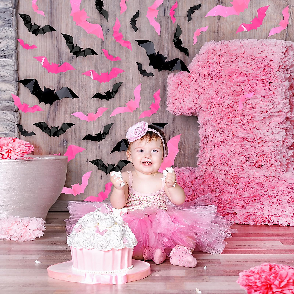 Whaline 224Pcs Halloween Wall Decoration 3D Bats with Foam Adhesive Black Pink Rose Red Waterproof Spooky Bats Stickers Hocus Pocus Party Supplies for Halloween Home Wall Window Door Decor, 4 Sizes