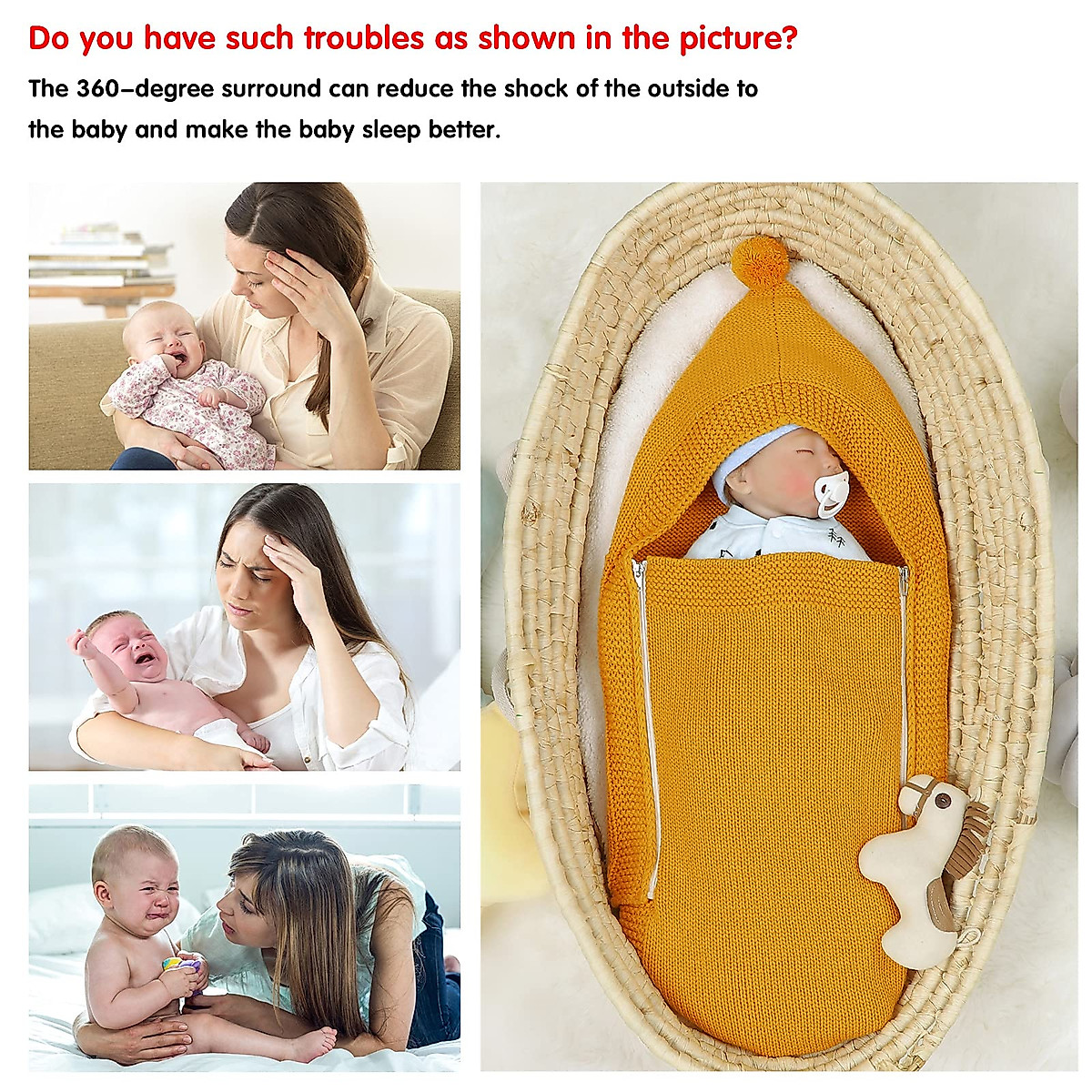 Newborn Baby Swaddle Blanket Knitted Baby Hooded Sleeping Bag Soft Warm Stroller Wrap Cozy Receiving Blanket for 0-6 Months Boys Girls (Yellow)