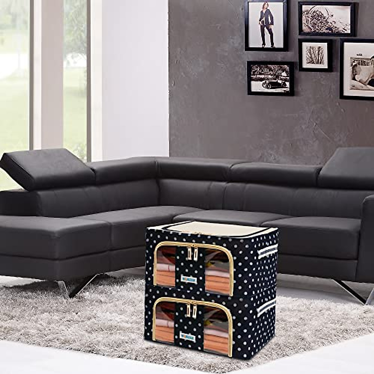 WANLIAN Clothes Bin,Oxford Cloth Sturdy Steel Frame Collapsible Foldable Bin,With Window And Carry Handles Storeage Container(2 Pack, Navy Blue Wave)