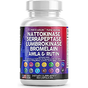 Nattokinase 4000 FU Serrapeptase 120000 SPU Lumbrokinase Enzyme Supplement with Bromelain Papain Papaya Enzymes Rutin Extract Amla Magnesium Vitamin B6 & VIT C Capsules Pineapple Pills Made in USA