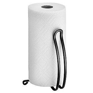 mDesign Modern Metal Vertical Paper Towel Holder Stand and Dispenser, Fits Standard and Jumbo-Sized Rolls for Kitchen Countertop, Pantry, Laundry/Utility Room, Garage Storage - Matte Black