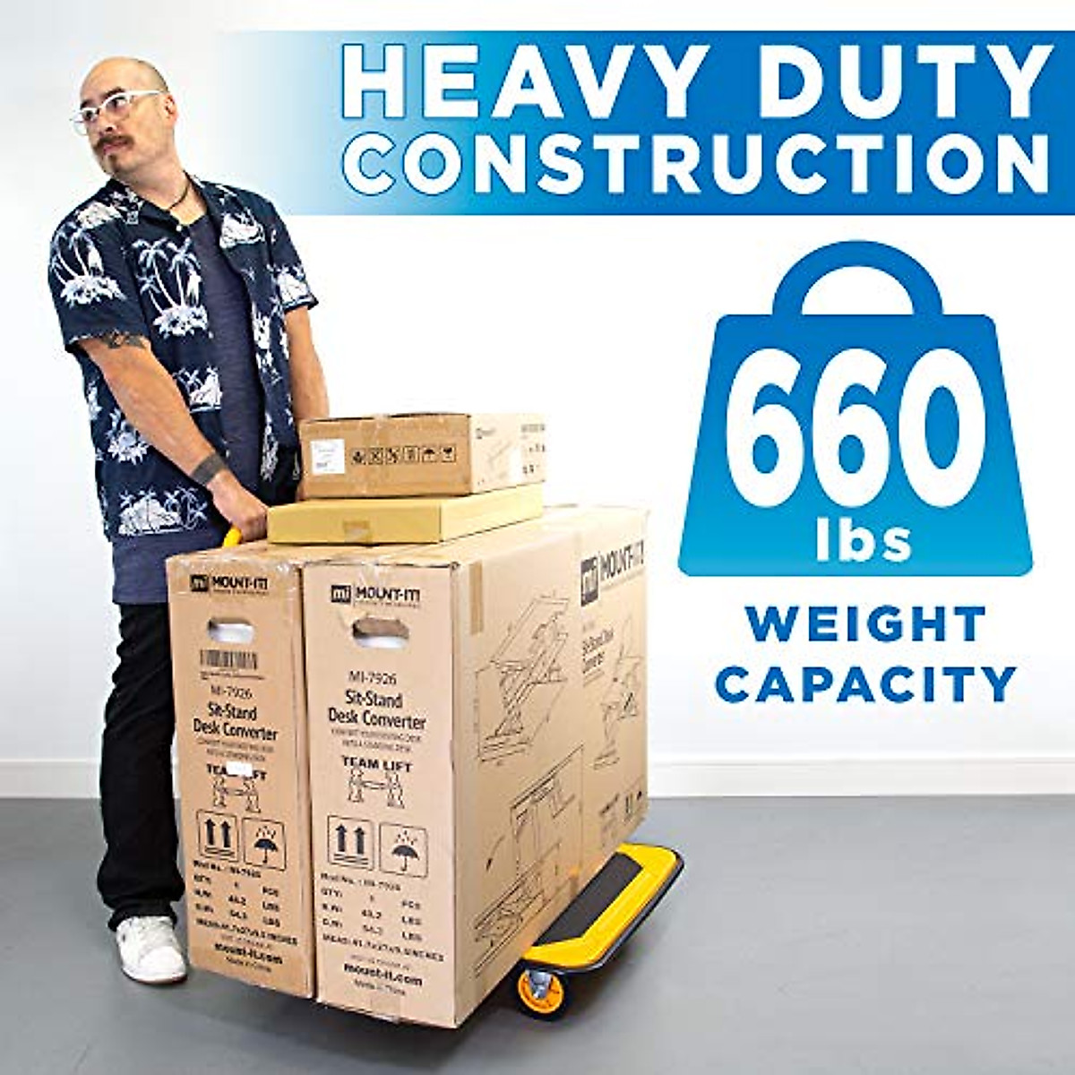 MOUNT-IT! Platform Truck [660lb Weight Capacity] Heavy Duty Foldable Flatbed with Swivel Wheels, Rolling Trolley Cart, Foldable, Flat, Push Cart Dolly (Yellow)