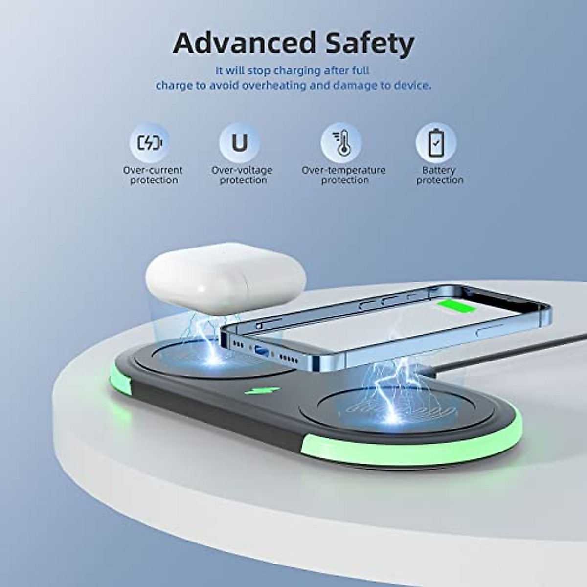 Dual Wireless Charger Pad, Dual 15W Max Fast Charging Wireless Charging Pad for All Wireless-Charging-Enable Phones Galaxy iPhone AirPods 2-in-1 Type C Cable Included (No AC Adapter)