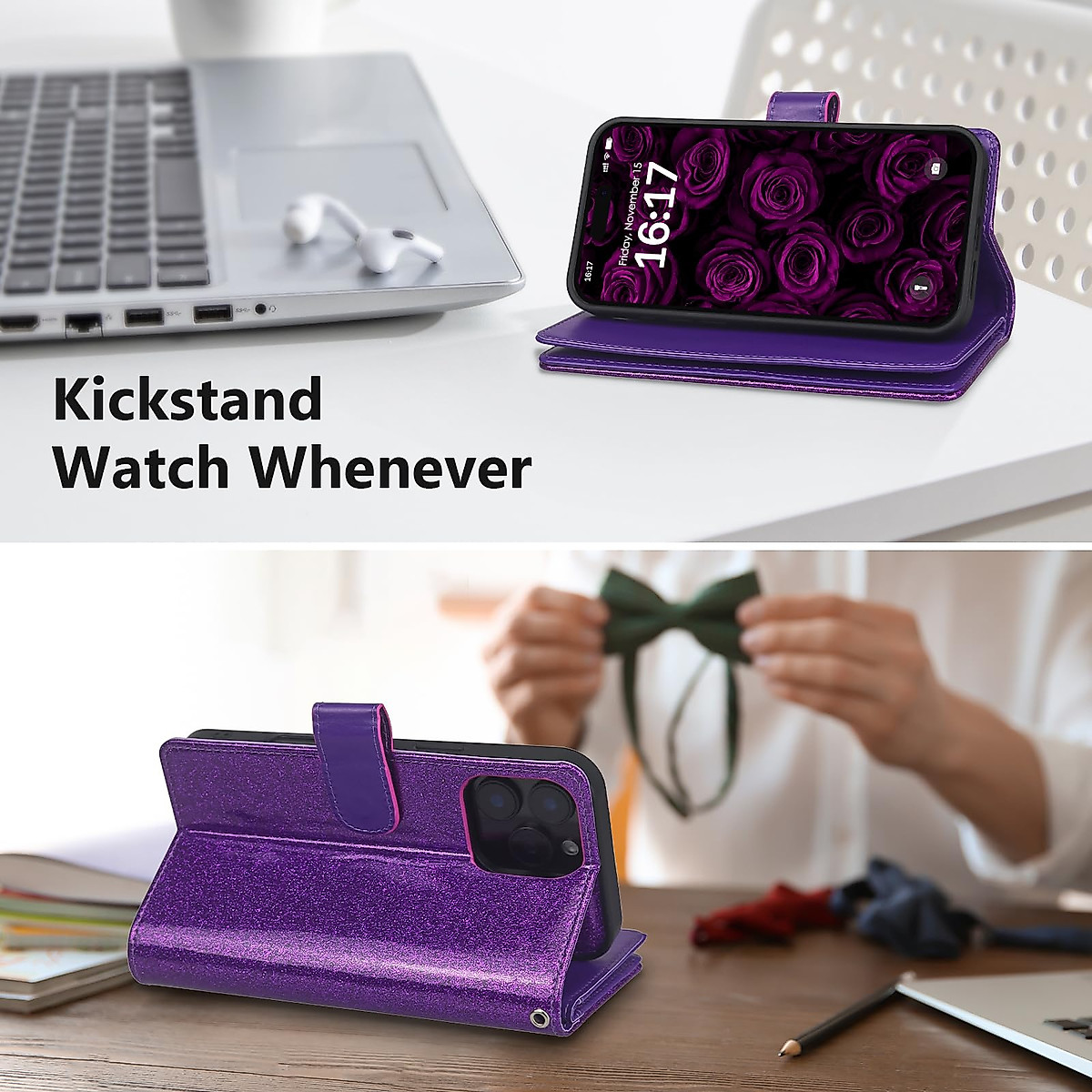 Varikke for iPhone 14 Pro Max Wallet Case Detachable with Card Holder for Women, Fashion Glitter Leather Strap Magnetic Flip Wallet Removable Phone Case Cover for iPhone 14 Pro Max 6.7", Dark Purple
