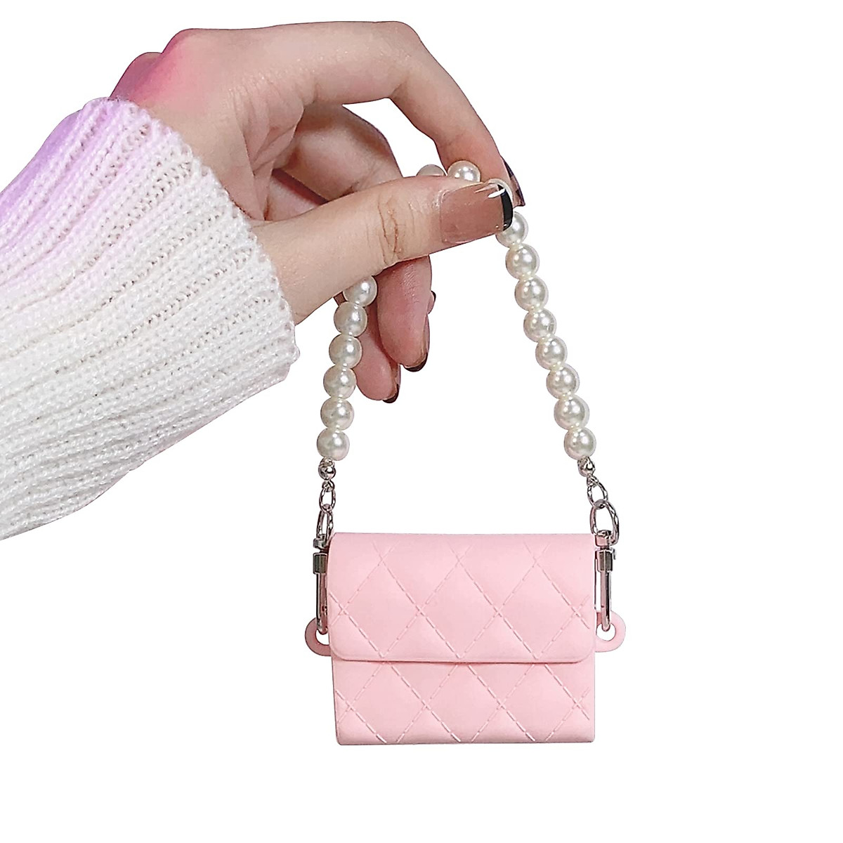 Lovmooful Compatible for AirPods Pro Case Cute Luxury Cartoon Lattice Bag Design with Pearl Chain for Women Girls Soft Silicone Shockproof Protective Cover Case for Airpods Pro-Pink