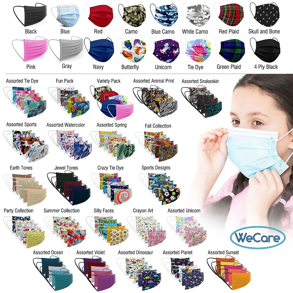 WECARE Kids Disposable Face Masks, 50 Blue Camo Masks, Individually Wrapped