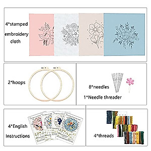 Myfelicity 4 Sets of Embroidery Starter Kits, Adult Women’s Hobbies, Including Cloth with Floral Patterns, Colored Threads, Needles, Hoops and Instructions