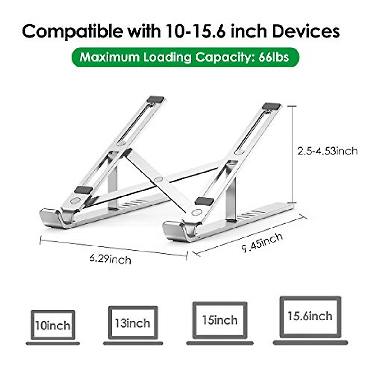 licheers Laptop Stand for Desk, Adjustable Ergonomic Portable Aluminum Laptop Holder, Foldable Computer Stand 7 Angles Anti-Slip Laptop Riser Compatible with 9-15.6 inch Laptops, Silver
