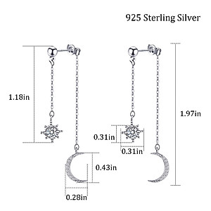 925 Sterling Silver Moon Star Earrings for Women Crescent Dangle with Cubic Zirconia Celestial Jewelry for Wedding
