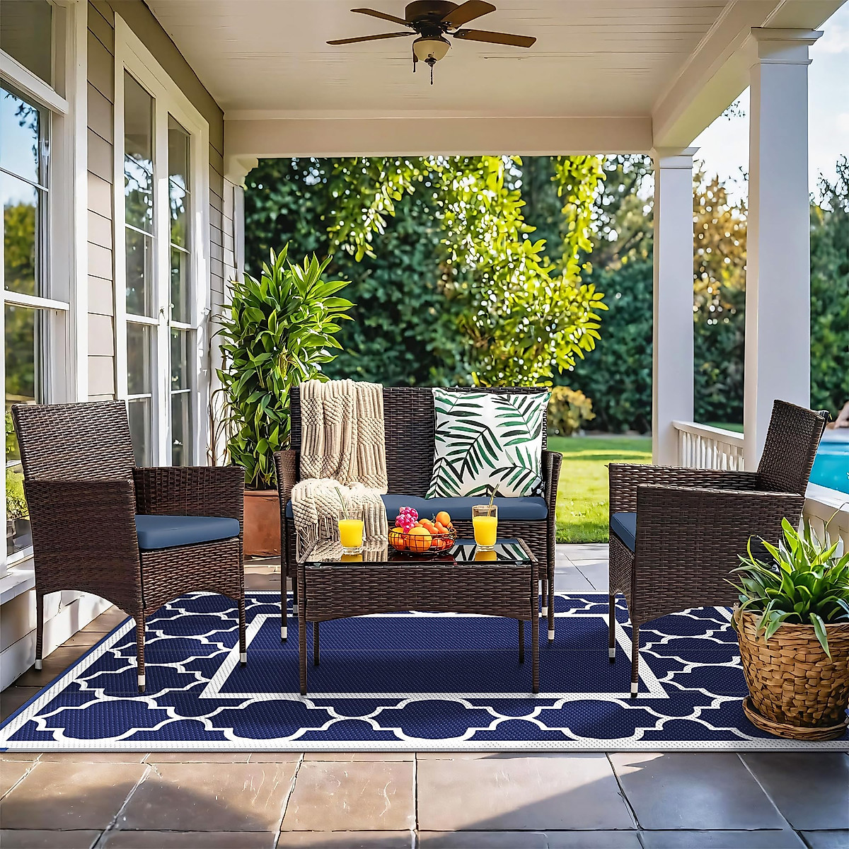 GENIMO 5' x 8' Outdoor Rug Waterproof for Patio Decor, Foldable Reversible Plastic Straw Area Rugs Mat for Camper, Outside Carpet for Rv, Deck, Porch, Picnic, Beach, Balcony, Blue & White