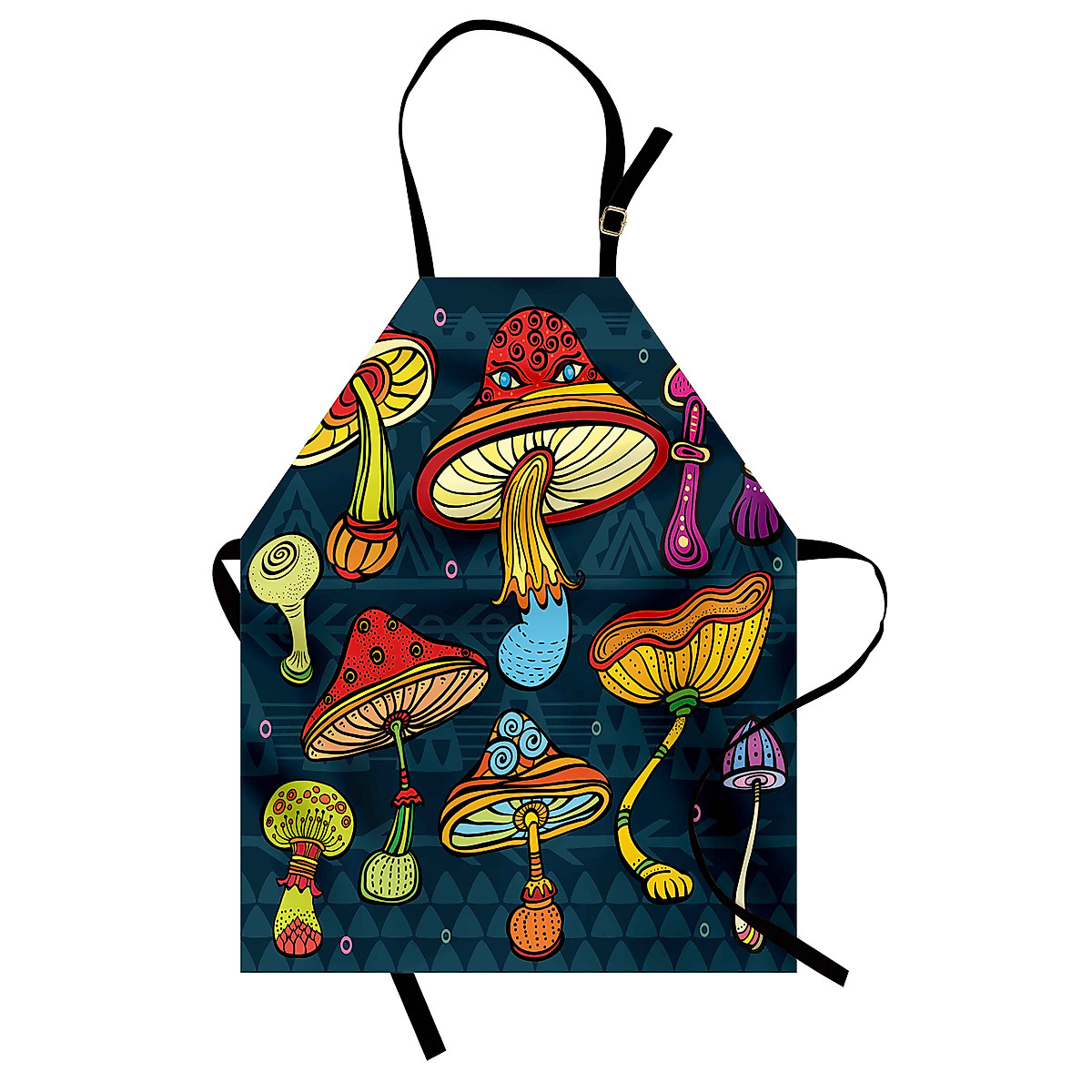 Lunarable Mushroom Apron, Mushrooms Ornate Doodles Swirls Eyes Psychedelic Botany and Growth, Unisex Kitchen Bib with Adjustable Neck for Cooking Gardening, Adult Size, Dark Teal