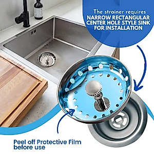 (2-Pack) Kitchen Sink Strainer with Stopper - Replacement Stainless Steel Strainer with Rubber Stopper Bottom - Fits Standard 3 1/2” Drains with Rectangular Center Hole - Post-Style Strainer Baskets