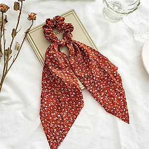Chiffon Floral Hair Scarf with Ribbon Bows for Women and Girls - 5 Pcs Scrunchies with Ponytail Holders