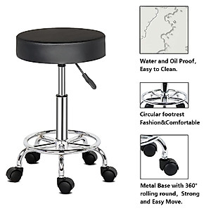 Salon Spa Stools Barstools PU Leather Modern Round Rolling Stool with Footrest Height Adjustable Spa Drafting Salon Tattoo Work Massage Stools Task Chair (Black 2)