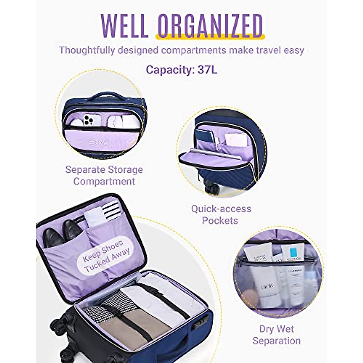 LIGHT FLIGHT Carry On Luggage Airline Approved, Softside Suitcase with Spinner Wheels 20 Inch Small Lightweight Carry-on Luggage with Front Pockets, Women Men Business Travel Blue