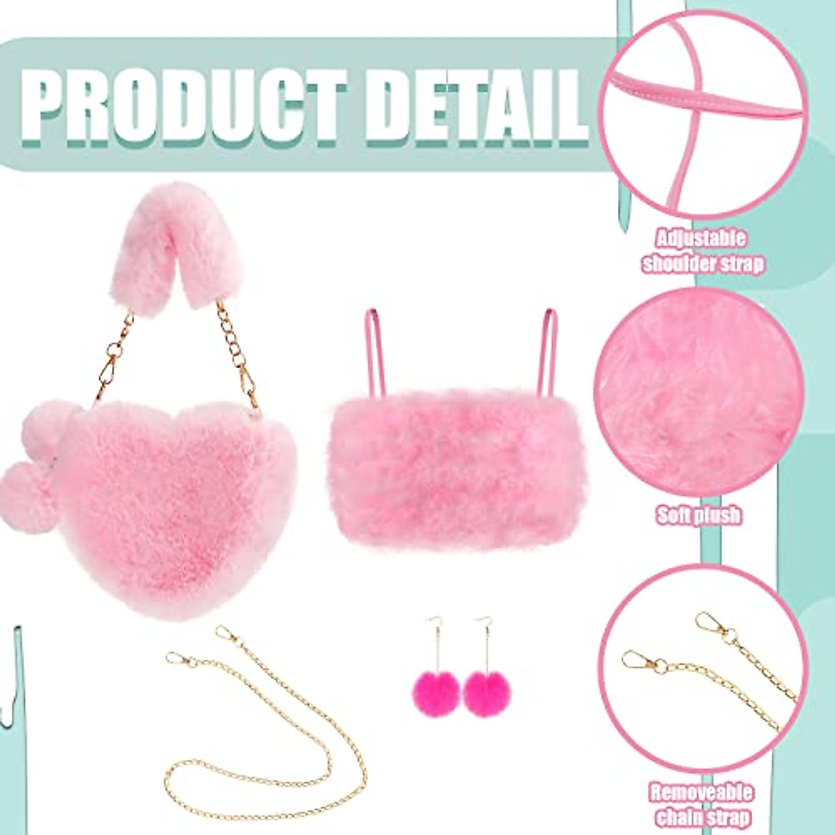 3 Pcs Faux Fur Tank Top Fluffy Heart Handbag Fur Pom Pom Drop Earring Set Furry Purse Pink Crop Tops Gold Chainlink Dangling Earring for Women Girl