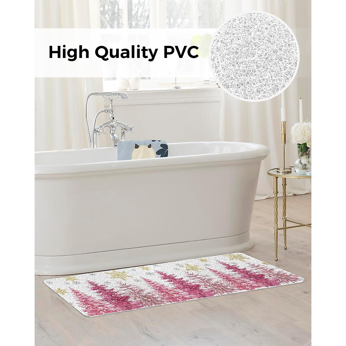 Shower Mat Non Slip Bathtub Mat Pink Christmas Xmas Tree Golden Snowflake Bath Mat Soft Loofah Shower Mats for Shower Tub Bathroom Quick Drying Foot Mat, 16x36 Inch