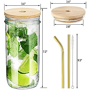 Mason Jar Cups with Lids and Straws Reusable Wide Mouth Ball Mason Jar Drinking Glasses Tumbler with Straw Brush, Travel Bottle 24 Oz for Iced Coffee, Juicing, Tea, Milk, Homemade Beverages