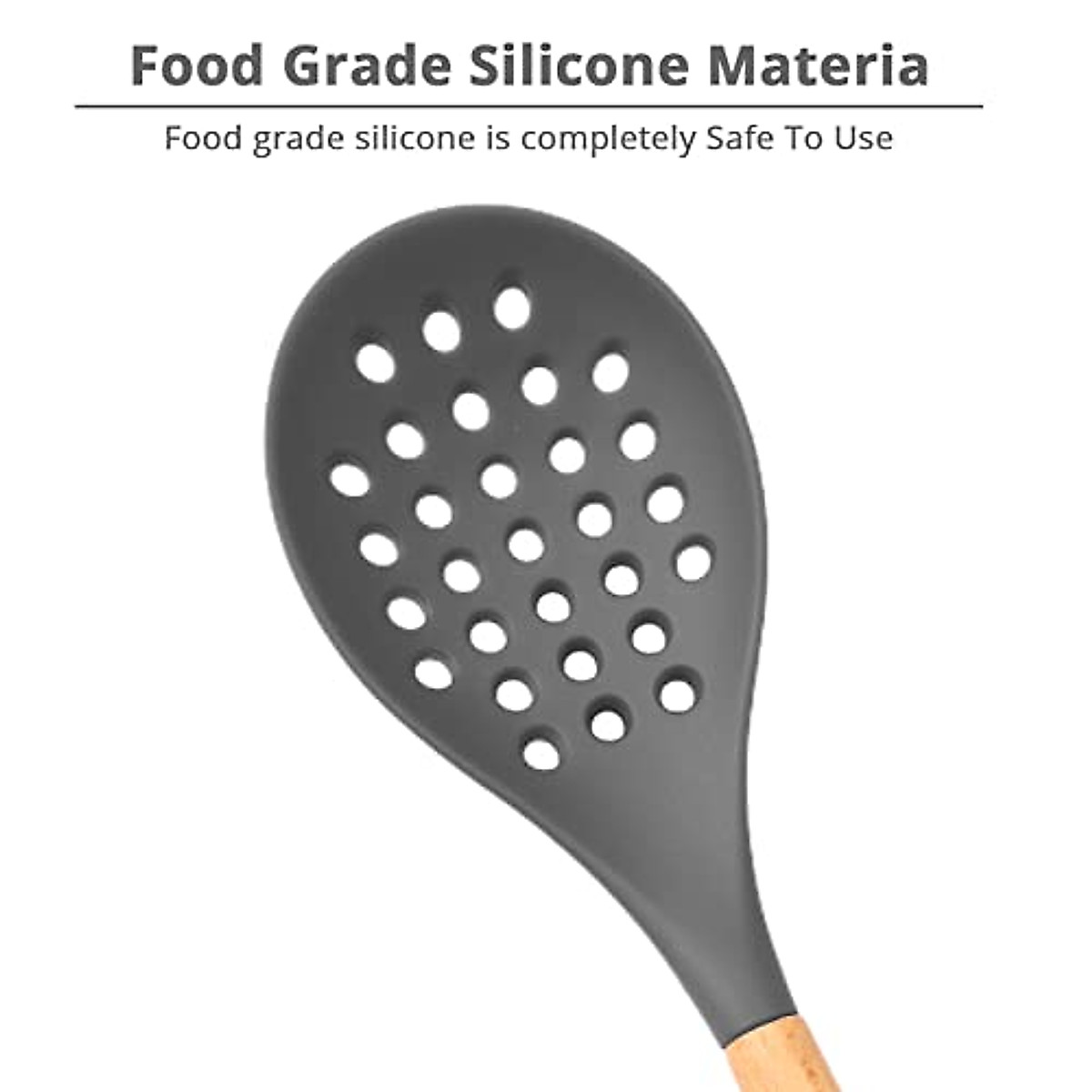 KUFUNG Silicone Skimmer Spoon, BPA-free & Heat resistant up to 480°F, Wooden Handle Silicone Non-Stick Kitchen Slotted Strainer Spoon for Pasta Spaghetti Noodles and Frying (Grey)