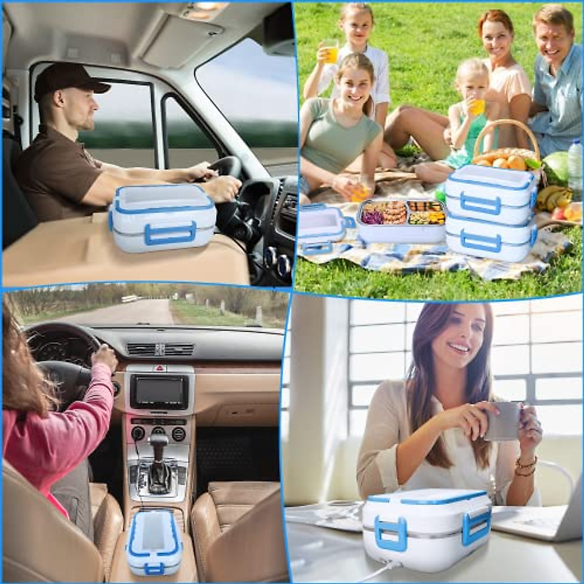 Electric Lunch Box 60W Portable Food Warmer Heater 3-in-1 1.5L Faster Heated Lunch Boxes 12V 24V 110V for Car Truck Home Heating Microwave 304 Stainless Steel Container with Fork Spoon & Carry Bag
