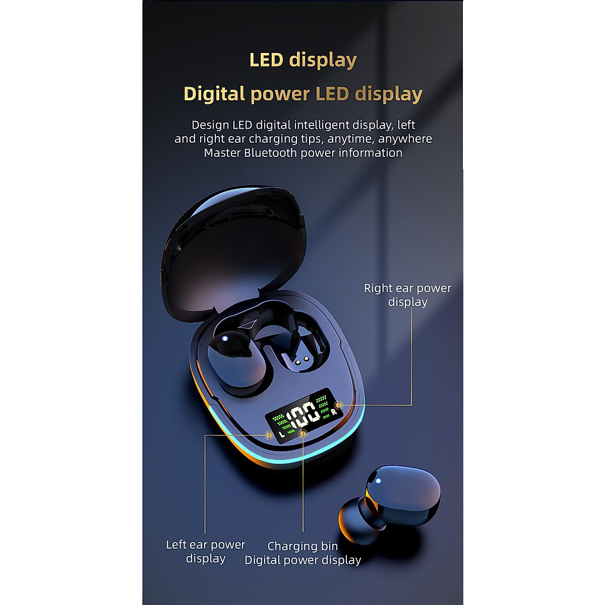 Wireless Headphones, Wireless Bluetooth Headphones, Waterproof Touch Ergonomic Headphones, Surround Sound, Noise Cancellation, Led Display Charging Case, Fast Charging, Anti-Allergic.