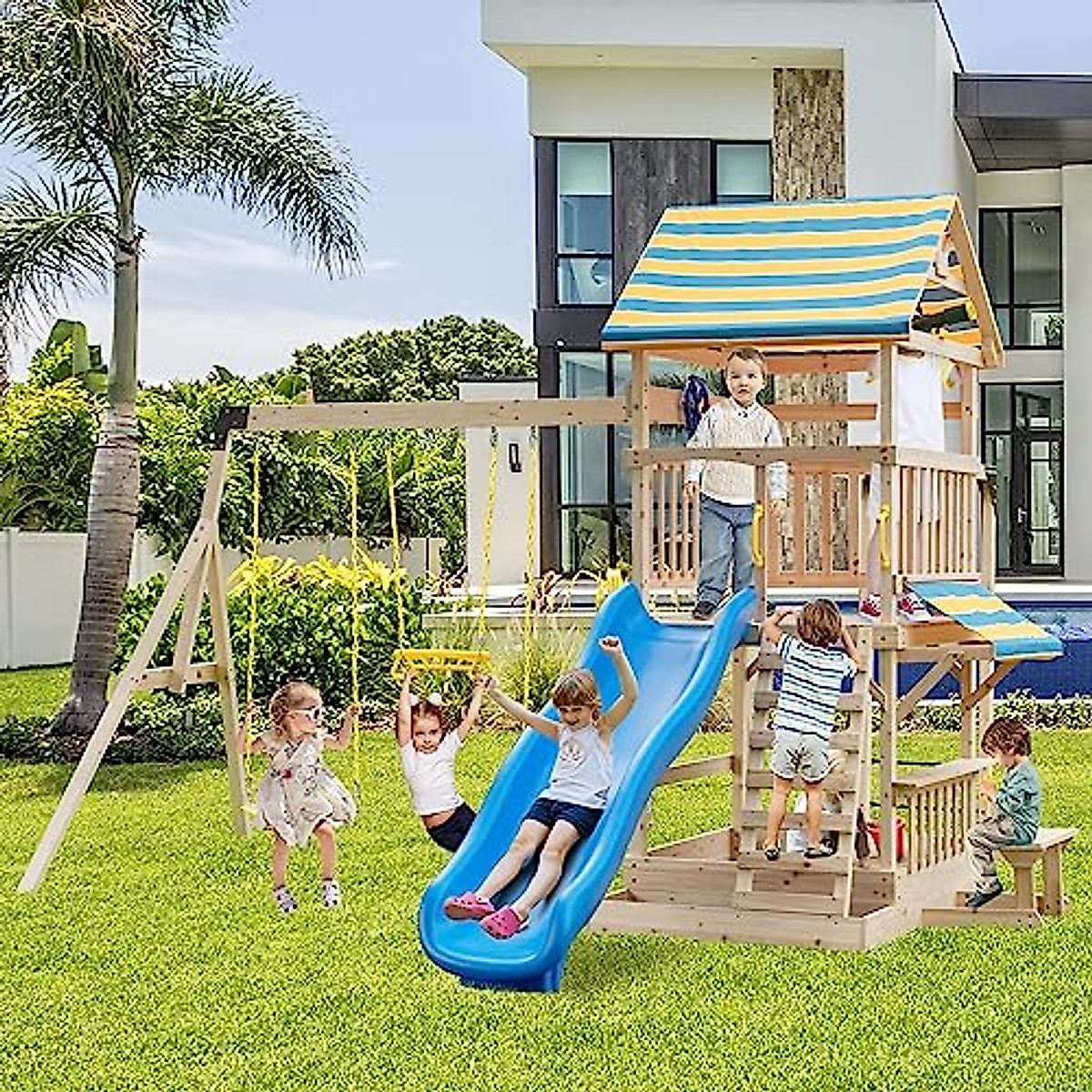 Costzon Wooden Swing Set for Backyard, All Solid Fir Outdoor Play Center with Swings, Wave Slide, Monkey Bars, Climbing Wall, Sandbox, Picnic Table, Heavy-Duty Playground Playset for Kids Toddlers