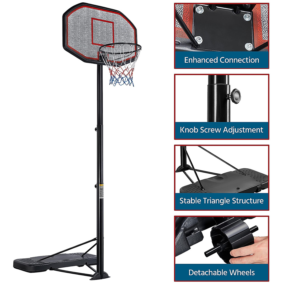 Topeakmart Youth Portable Basketball Hoop System Stand 7-10ft Height-Adjustable for Indoor Outdoor w/ 2 Wheels, Fillable Base & 43in Backboard