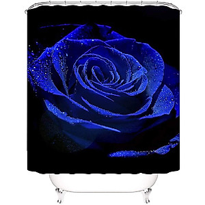 Camille&Andrew 4PCS/Set Dewy Royal Blue Rose Shower Curtain, Elegant Floral Romantic Flower Women Bathroom Decor, Waterproof Fabric Shower Curtain, Non-Slip Bath Rugs Toilet Carpet Bathroom Mat, Blue