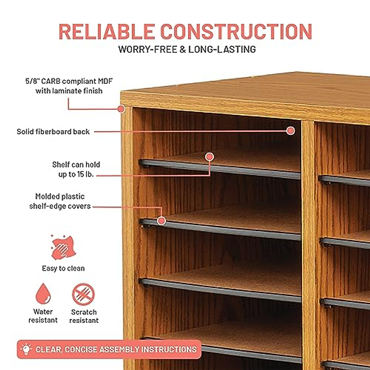 Safco Products Wood Adjustable Literature Organizer, 24 Compartment, 9423MO, Medium Oak - Durable Construction, Removable Shelves, Stackable -Office Organizers for Home Office & Craft Rooms