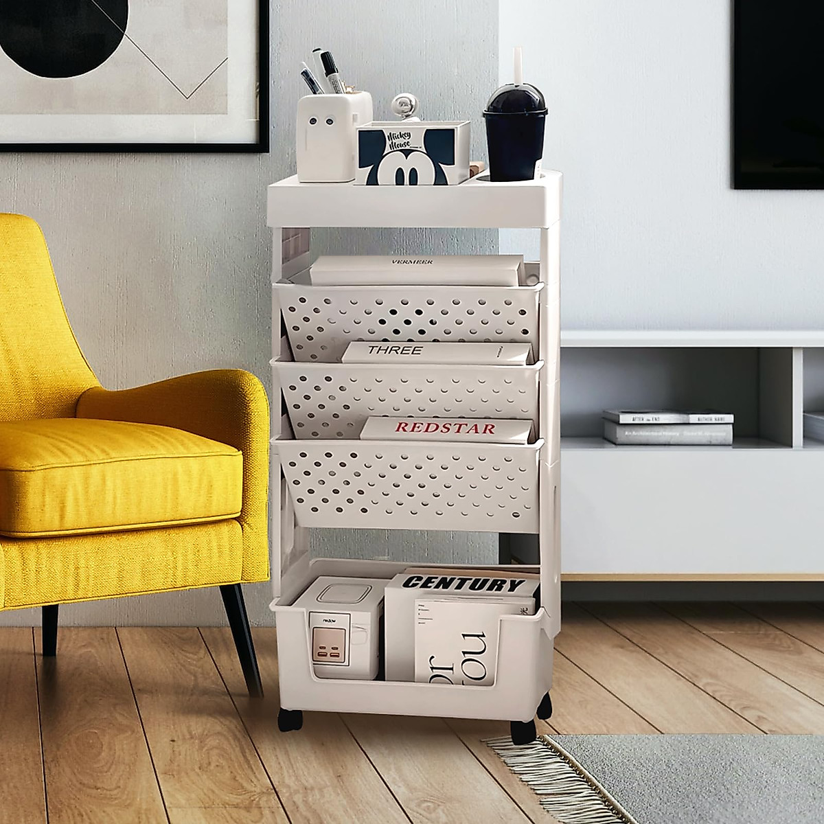 5 Tier Mobile Bookshelf Rolling Book Rack with Wheels, Removable Storage Bookcase Slim Rolling Storage Book Cart for Students Teachers and Adult in School Home Office