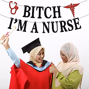 I'm a Nurse Banner - Congrats Nurse Grad/Nailed It/RN/BSN/NP- Nursing School Graduation Party Decorations Supplies, Black and Red Glitter